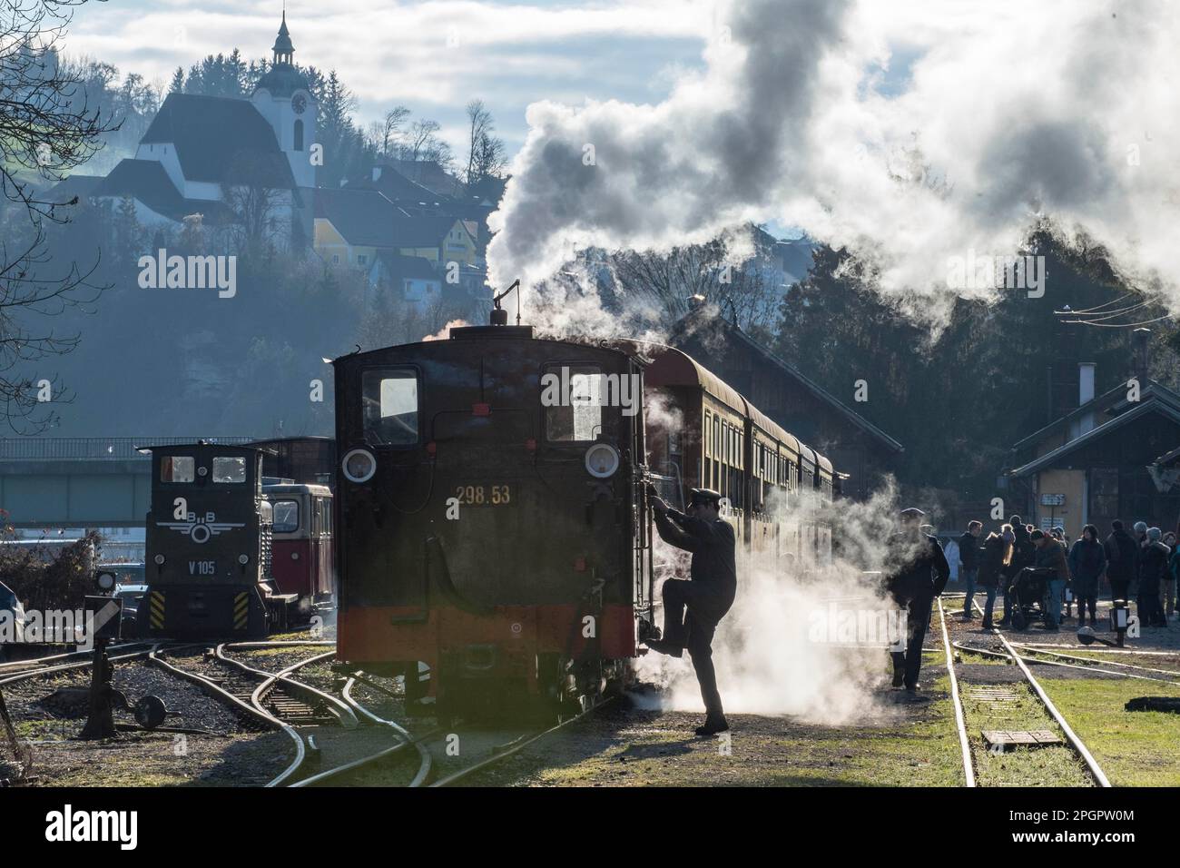 Steam locomotive ride of the Steyrtalbahn museum railway at Gruenburg ...