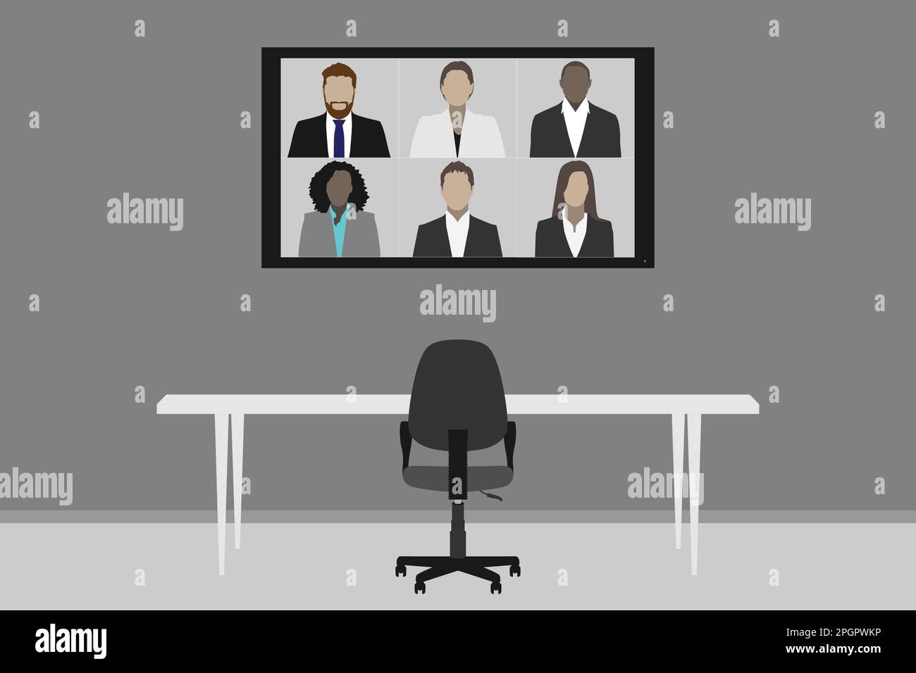 Empty meeting room with one seat and video conference on TV screen ...