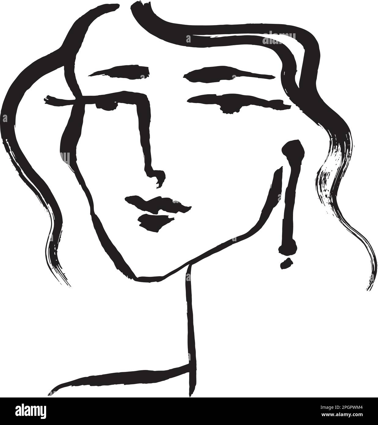 Abstract Girl with Narrow Eyes Line Art Rough Dry Brush Portrait Stock ...