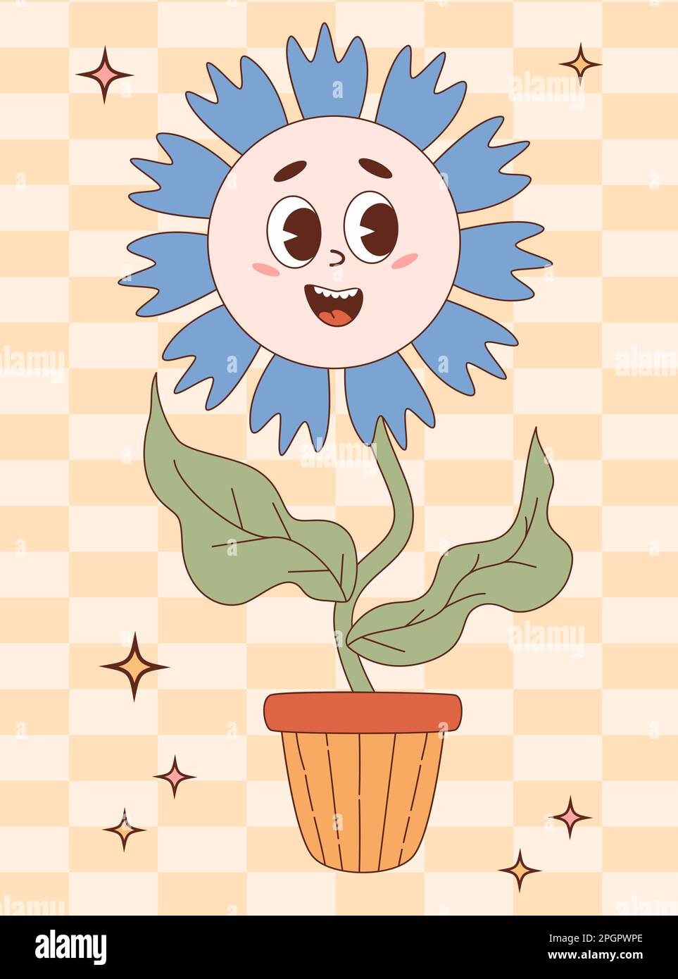 Happy flower power. Nostalgic retro cartoon character cornflower ...