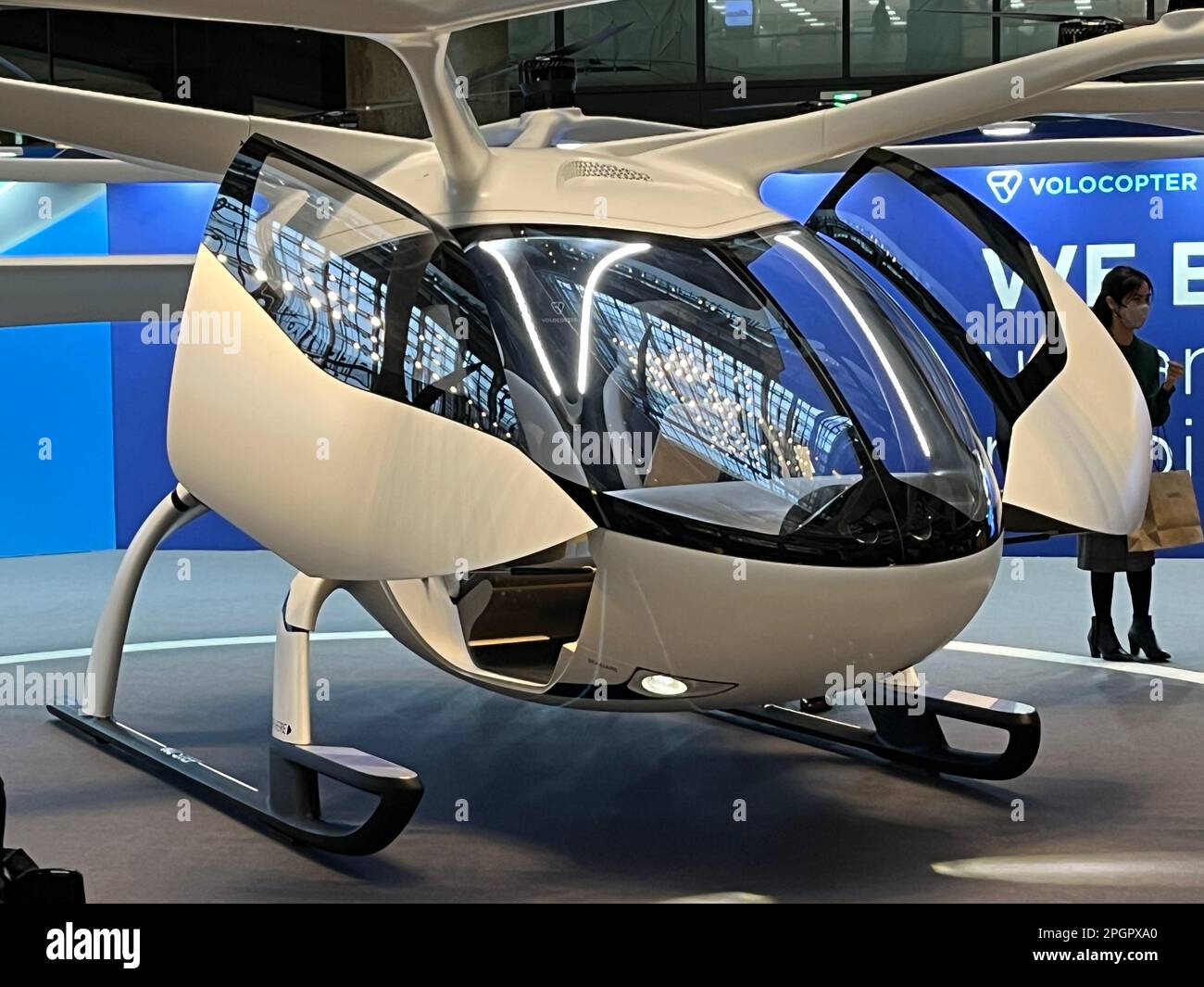 A full-scale model of the German-made air taxi "VoloCity" is displayed ...