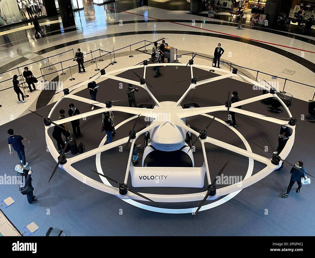 A full-scale model of the German-made air taxi "VoloCity" is displayed ...