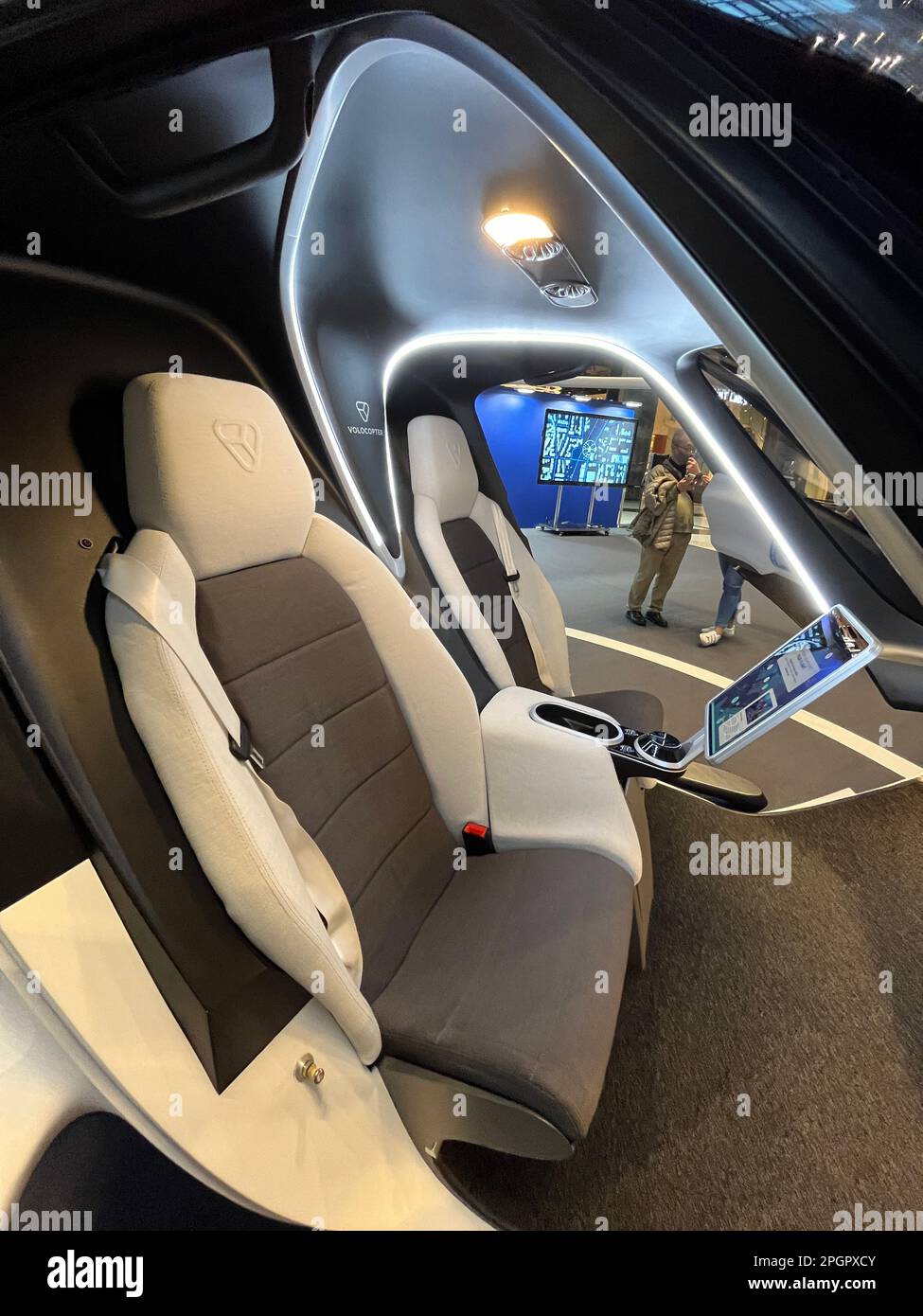 A full-scale model of the German-made air taxi "VoloCity" is displayed ...