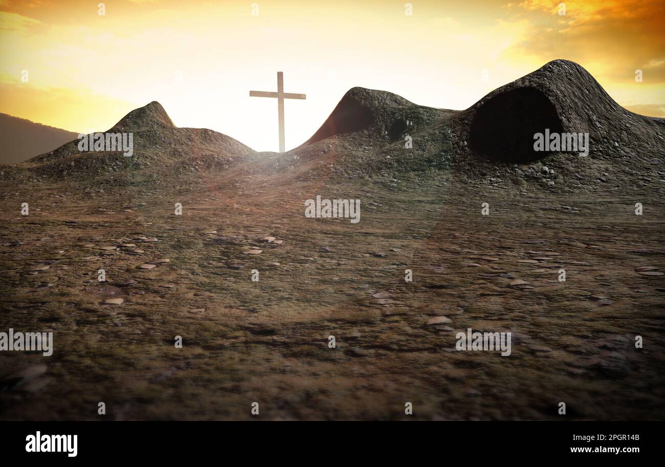 A big cross on a hill, resurrection of Jesus Christ, crucifixion, sun ...