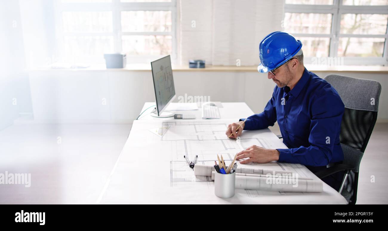 Civil Engineer Drawing Architecture Plan Blueprint And Design Stock ...