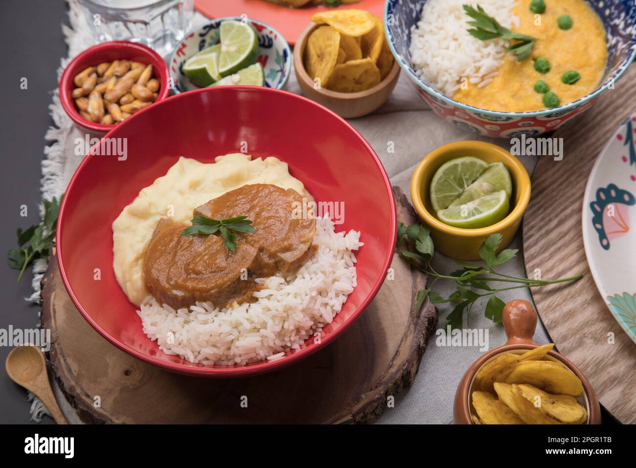 Peruvian food buffet table asado con peru beef stew with mashed ...