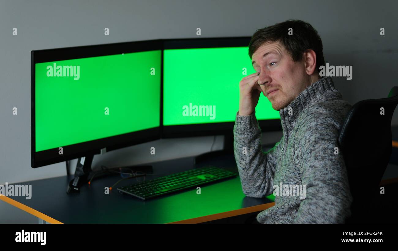 Tired man feel pain eyestrain holding glasses rubbing dry irritated ...