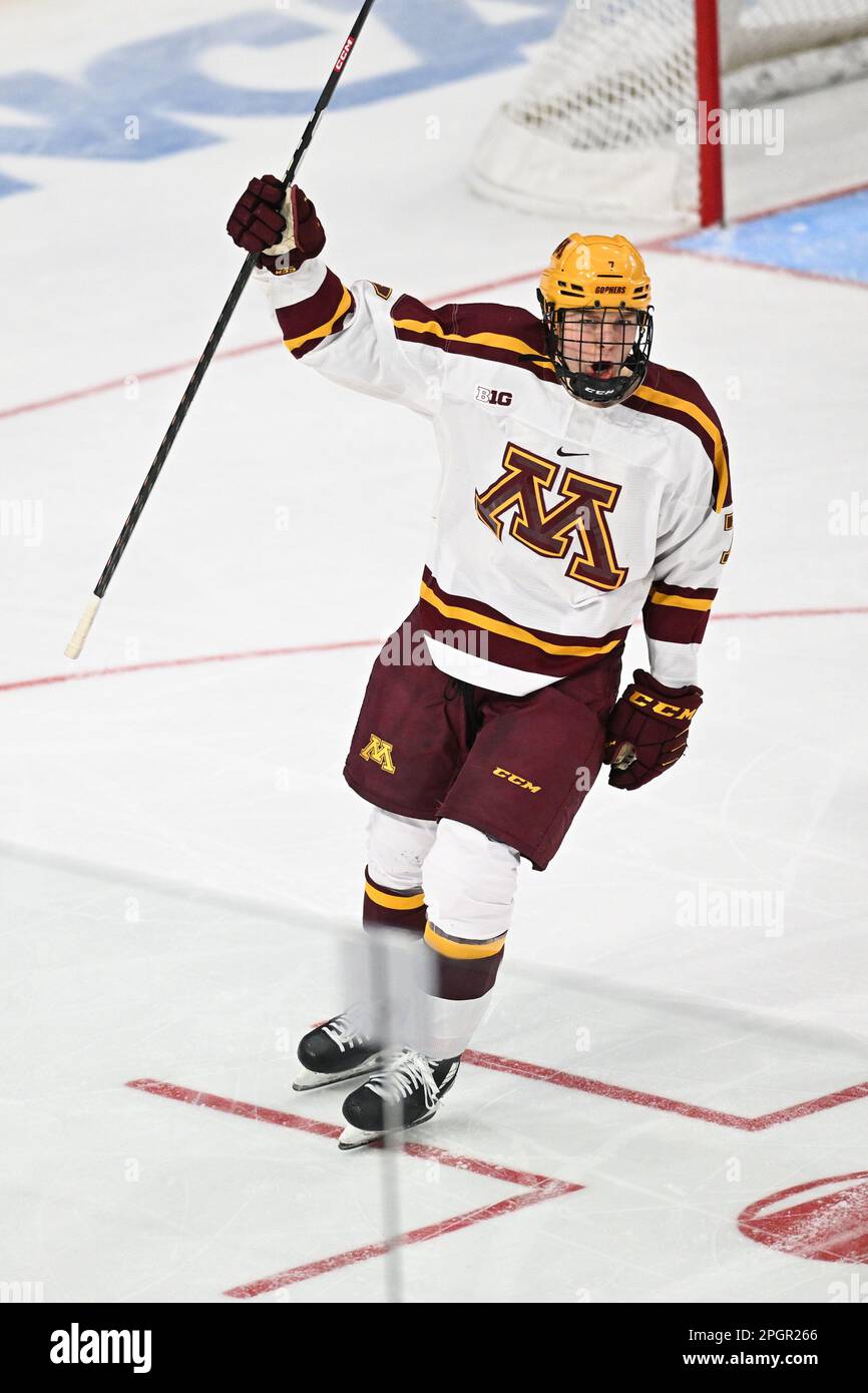Fargo, USA. 23rd Mar, 2023. Minnesota Gophers forward Aaron Huglen (7 ...