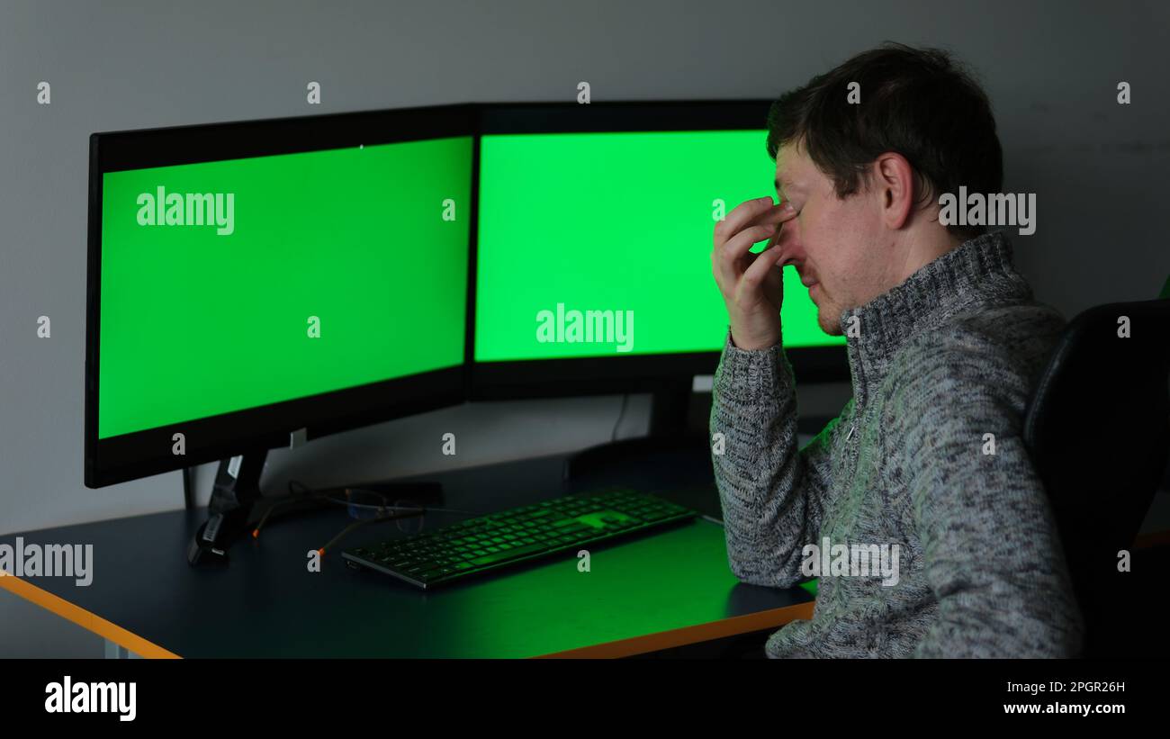 Tired man feel pain eyestrain holding glasses rubbing dry irritated ...