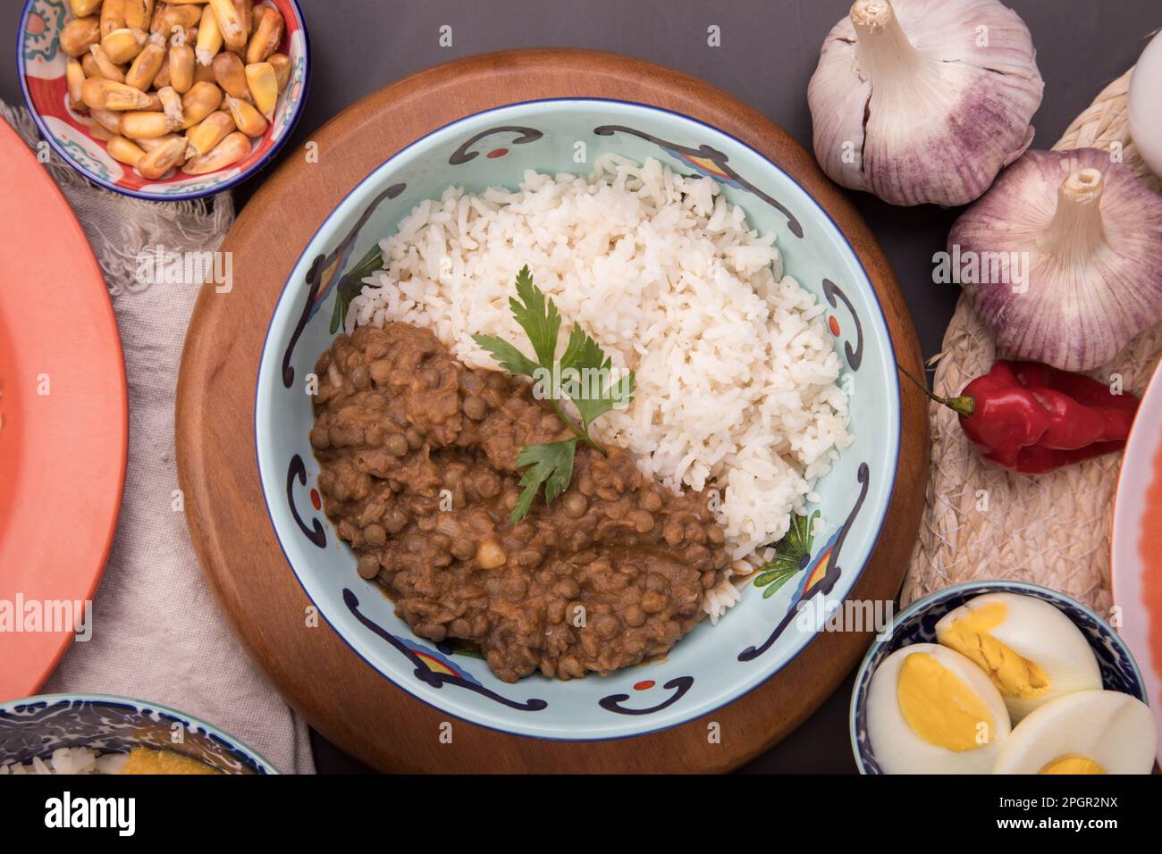 Peruvian food buffet table rice and lentils stew Stock Photo - Alamy