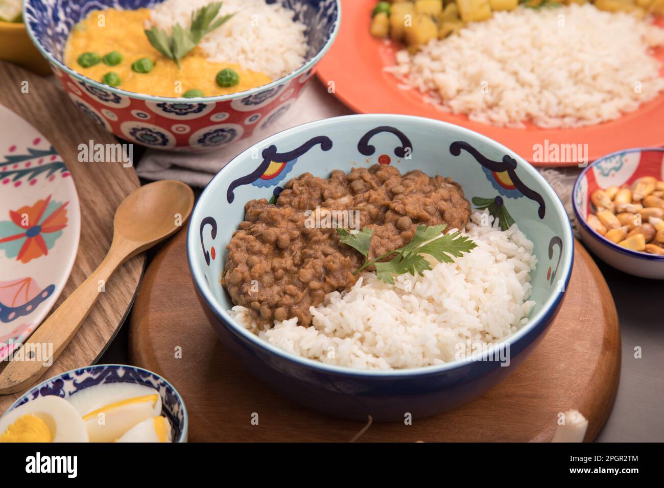 Peruvian food buffet table rice and lentils stew Stock Photo - Alamy