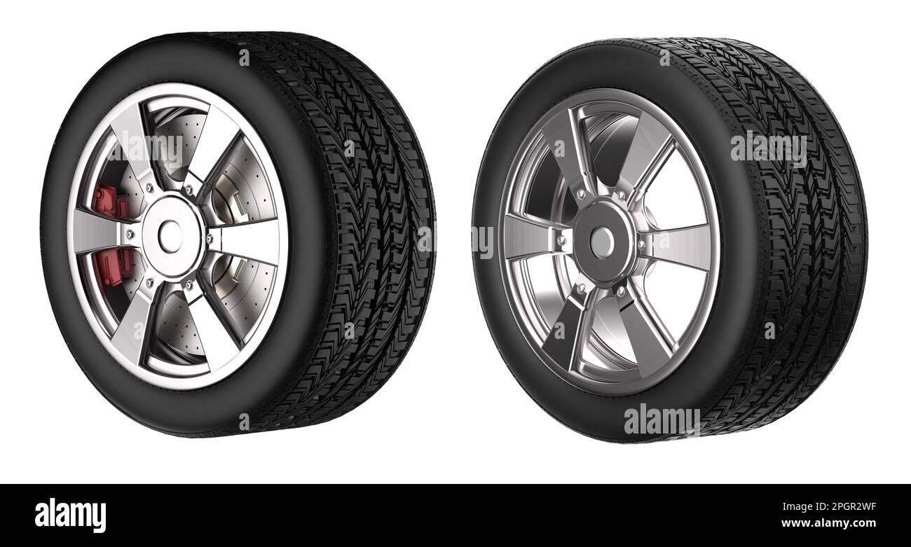 3d rendering black tire with metallic wheel isolated on white Stock ...