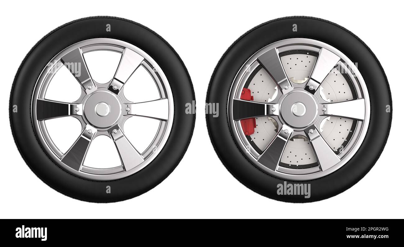 3d rendering black tire with metallic wheel isolated on white Stock ...