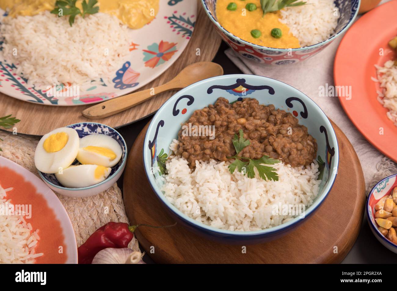 Peruvian food buffet table rice and lentils stew Stock Photo - Alamy