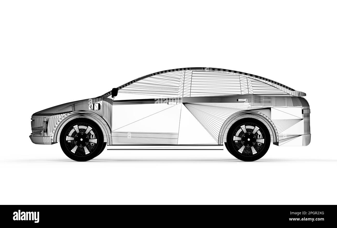 3d rendering draft of ev car or electric vehicle on white background ...