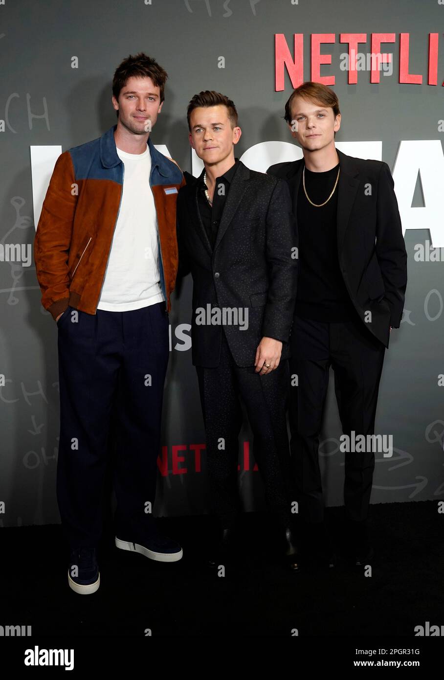 Patrick Schwarzenegger, left, poses with John Owen Lowe, center, and ...