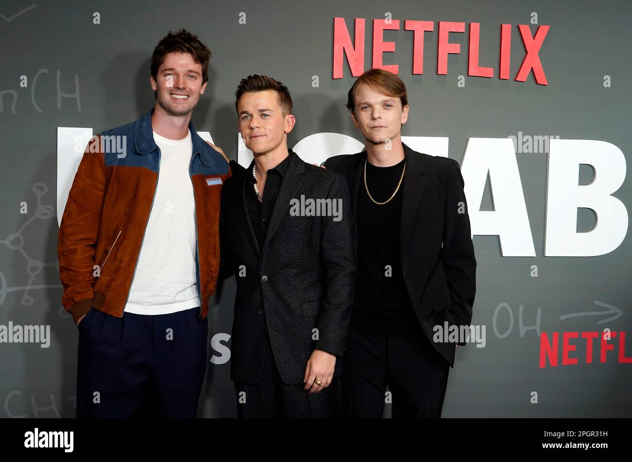 Patrick Schwarzenegger, left, poses with John Owen Lowe, center, and ...