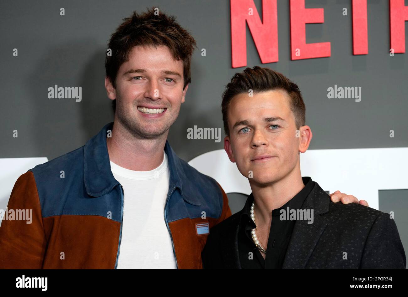 Patrick Schwarzenegger, left, and John Owen Lowe pose together at the ...
