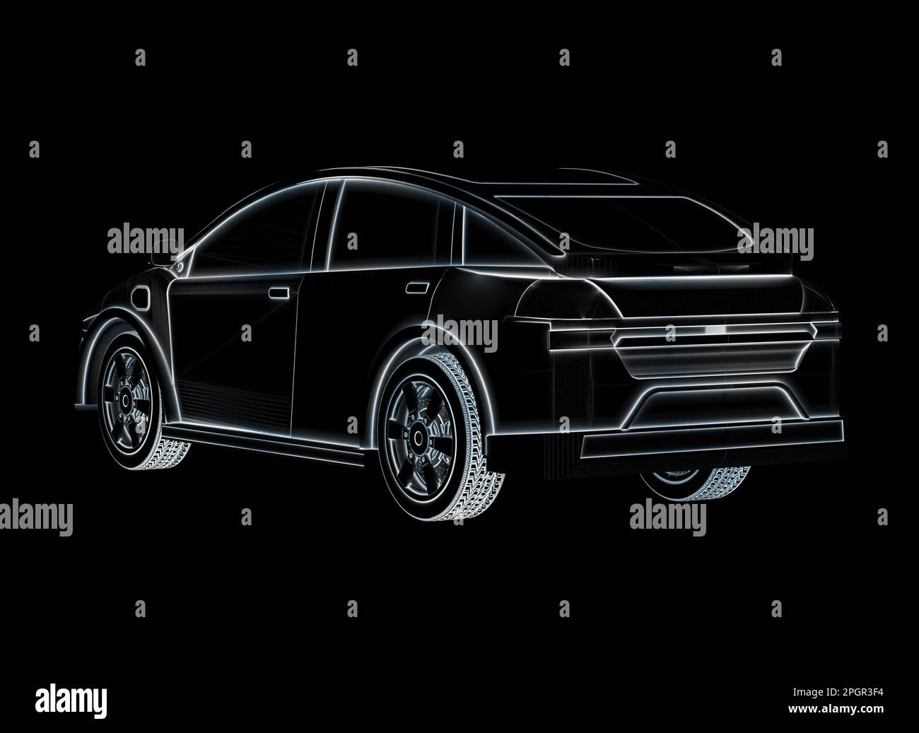 3d rendering outline ev car or x-ray electric vehicle on black ...