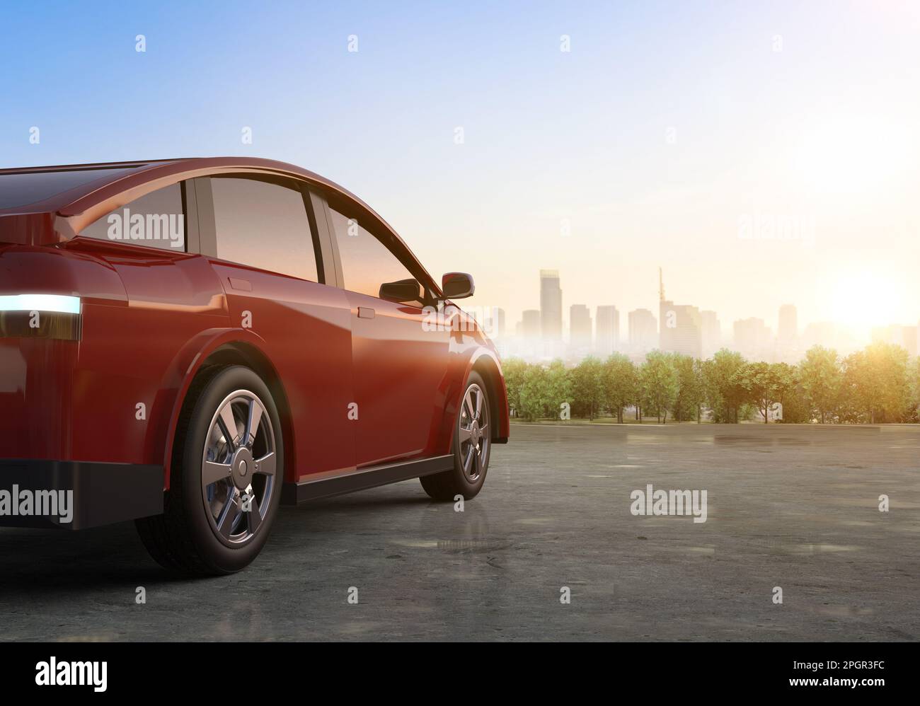 3d rendering rear view ev car or electric vehicle park in town with ...