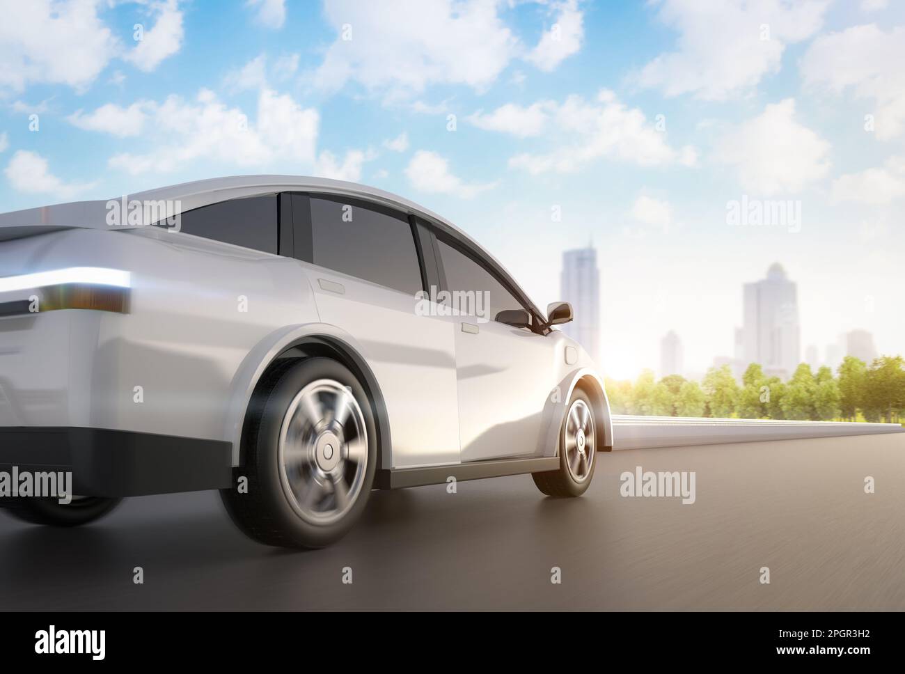 3d rendering rear view ev car or electric vehicle drive in town with ...