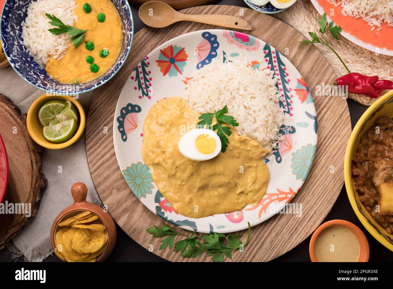 Peruvian food buffet table aji de gallina Stock Photo - Alamy