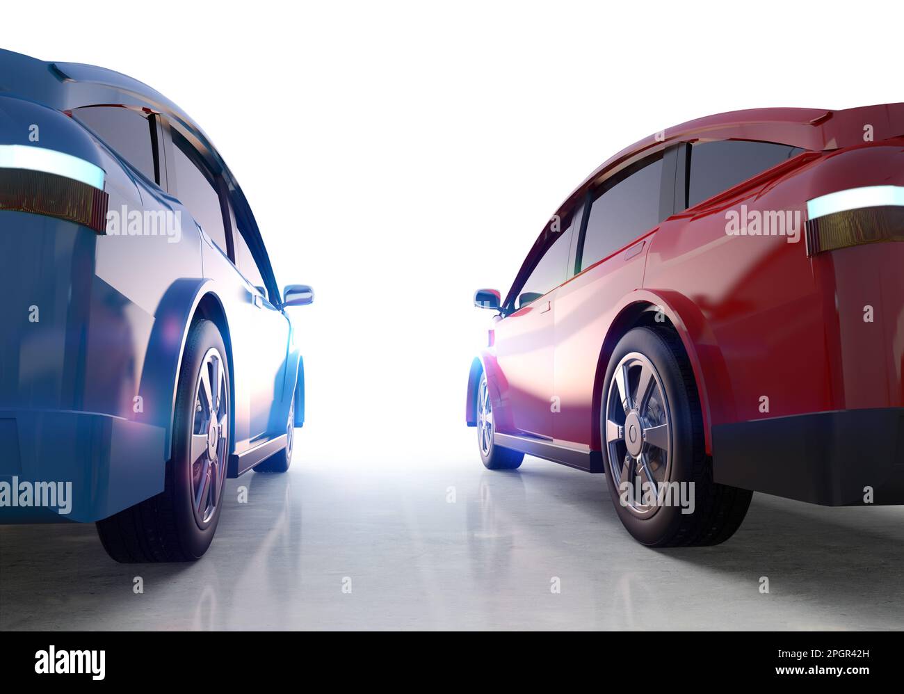 3d rendering rear view red and blue ev car or electric vehicle on white ...