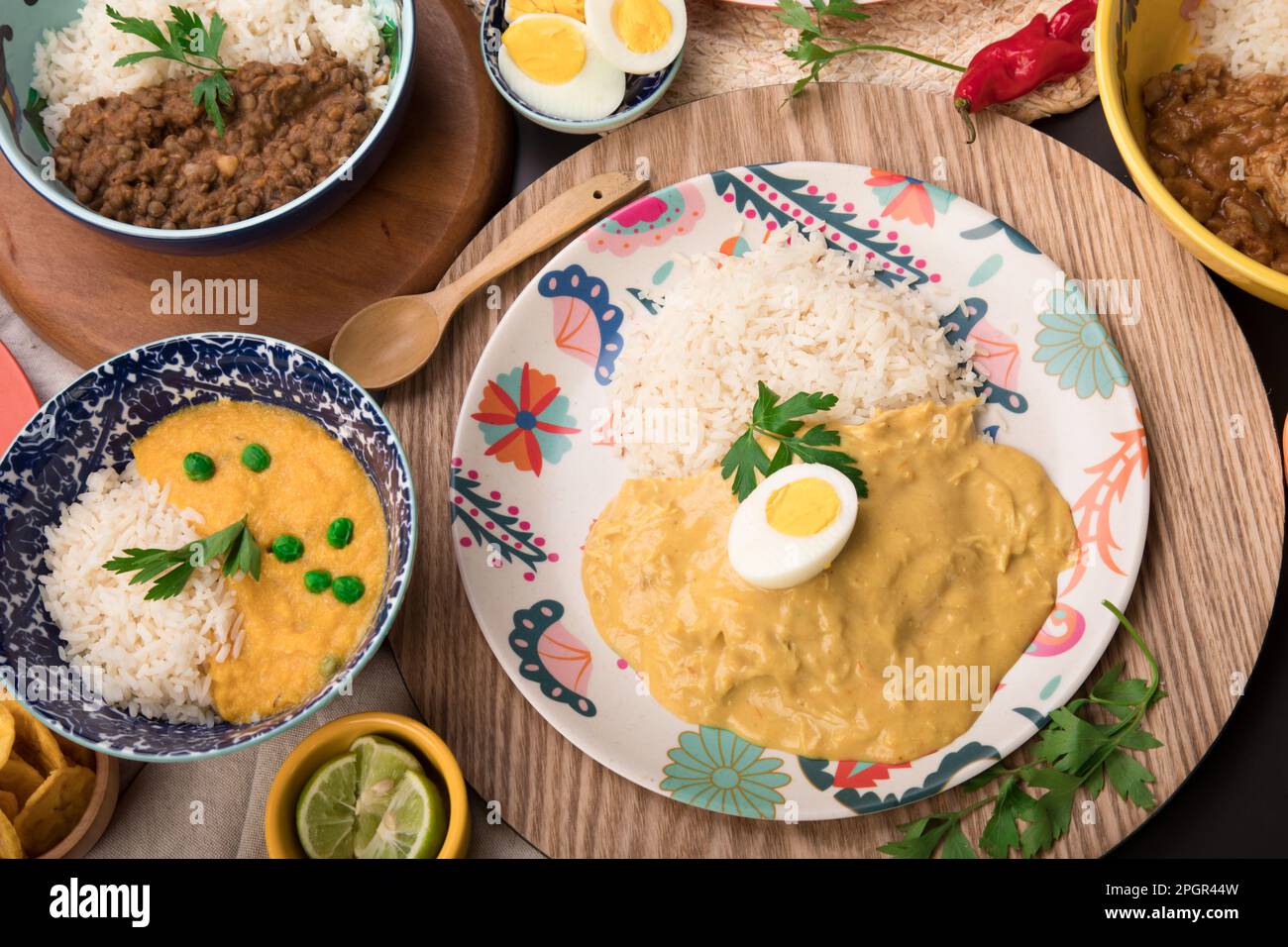 Peruvian food buffet table aji de gallina Stock Photo - Alamy