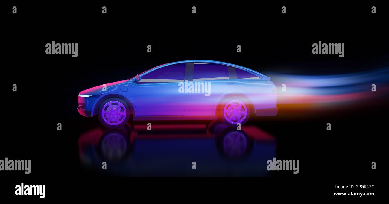 3d rendering ev car or electric vehicle motion drive on neon glow ...