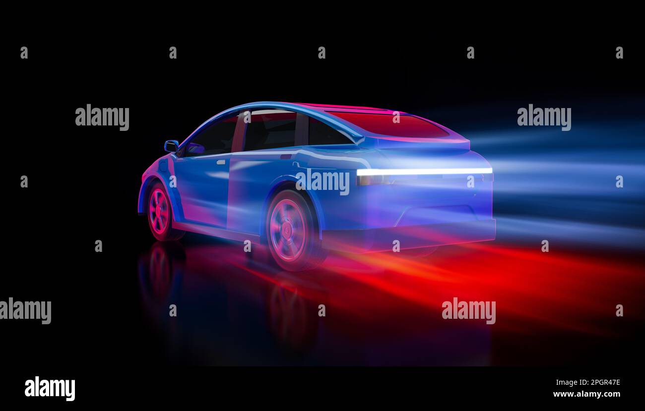 3d rendering ev car or electric vehicle motion drive on neon glow ...