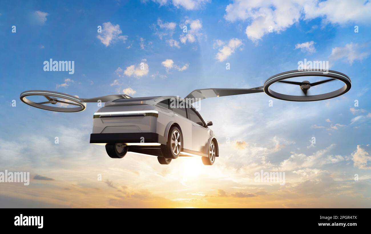 3d rendering white electric flying car or ev car drone in blue sky ...