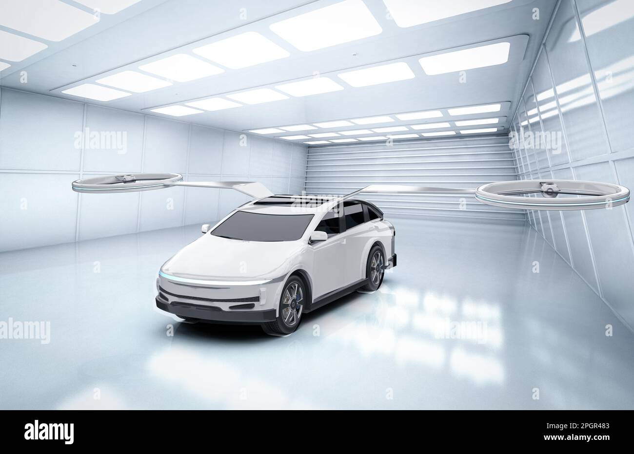 3d rendering white electric flying car or ev car drone in garage Stock ...
