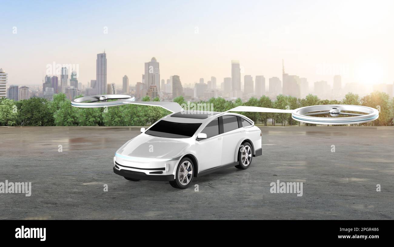 3d rendering white electric flying car or ev car drone in city Stock ...