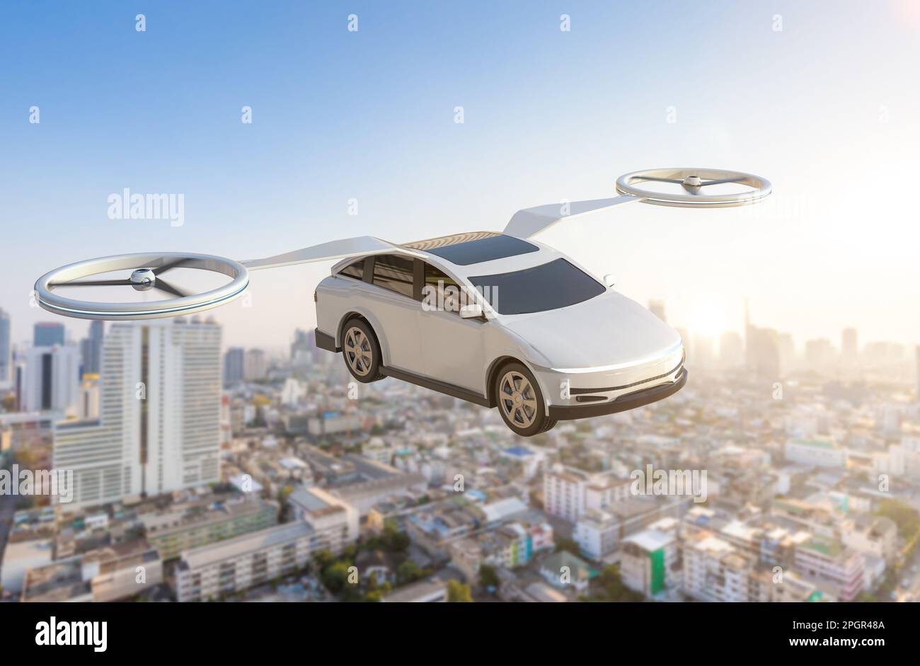3d rendering white electric flying car or ev car drone in city Stock ...
