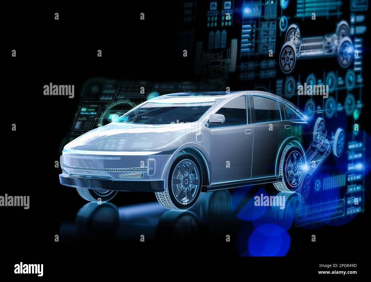3d rendering ev car or electric vehicle with digital graphic interface ...