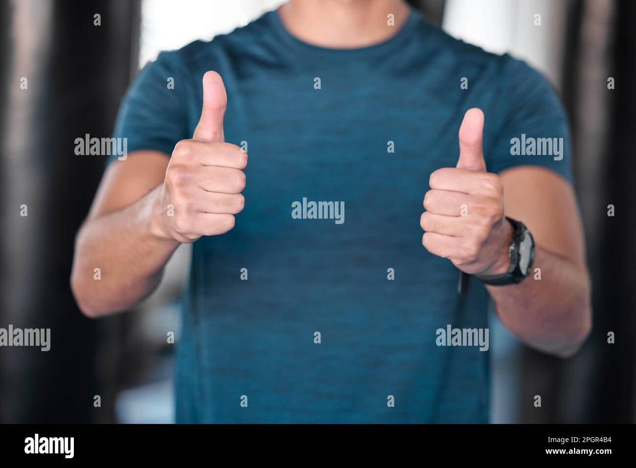 Fitness, thumbs up and hands in gym for success, motivation and workout ...