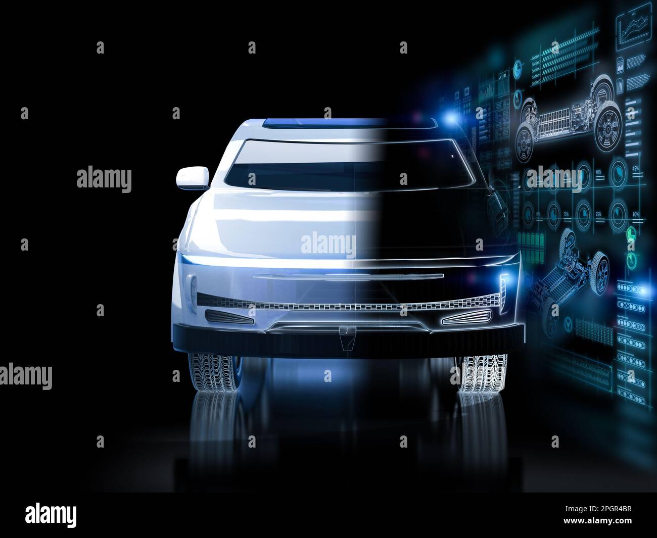 3d rendering ev car or electric vehicle with digital graphic interface ...