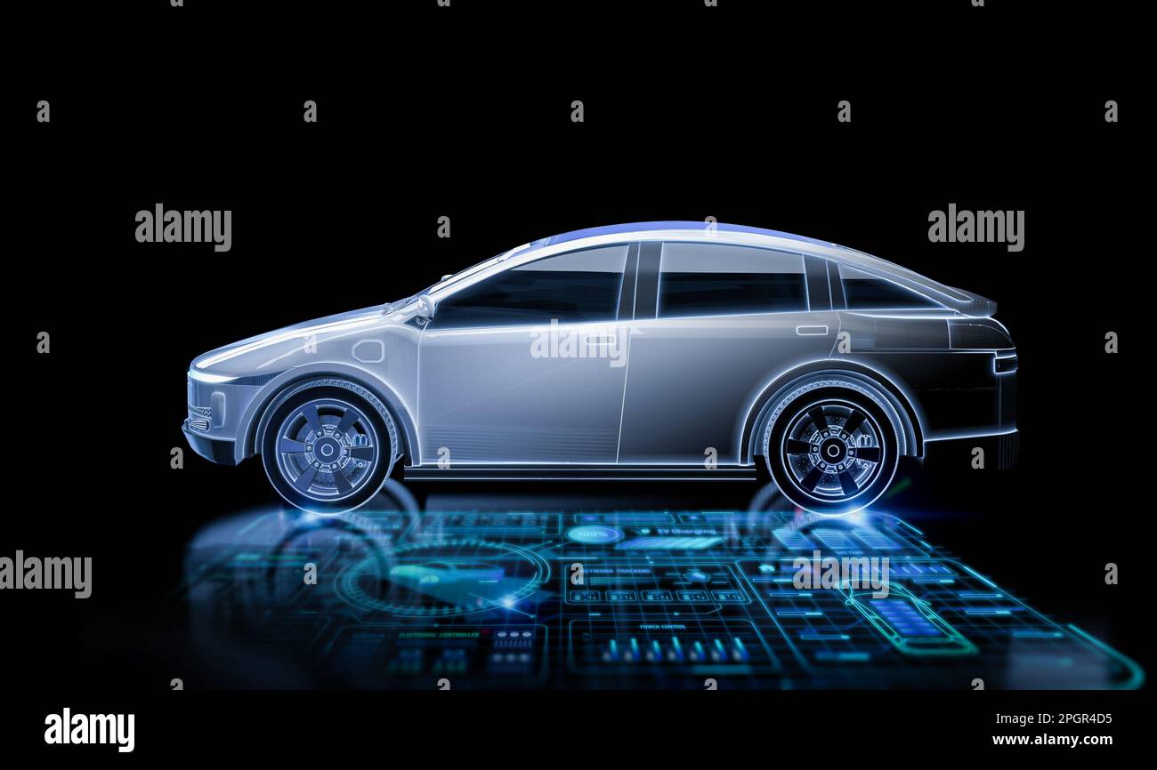 3d rendering ev car or electric vehicle with digital graphic interface ...