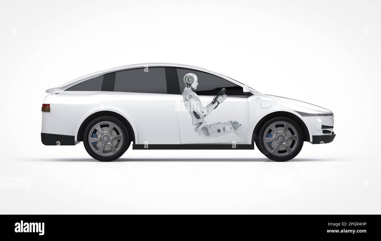 Driverless car or autonomous car with 3d rendering white ev car or ...