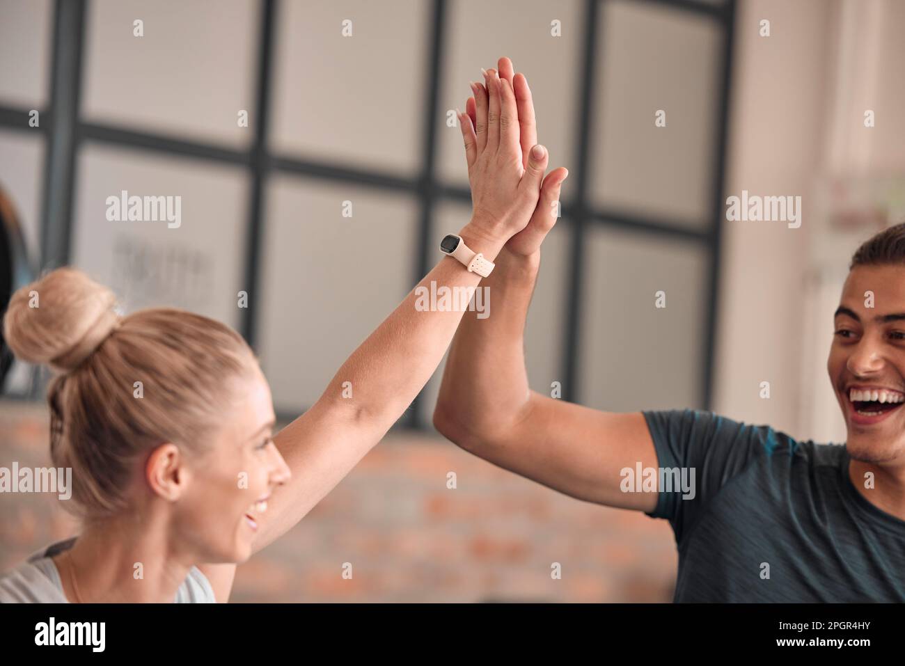 High five, fitness and people teamwork, sports goals and collaboration ...