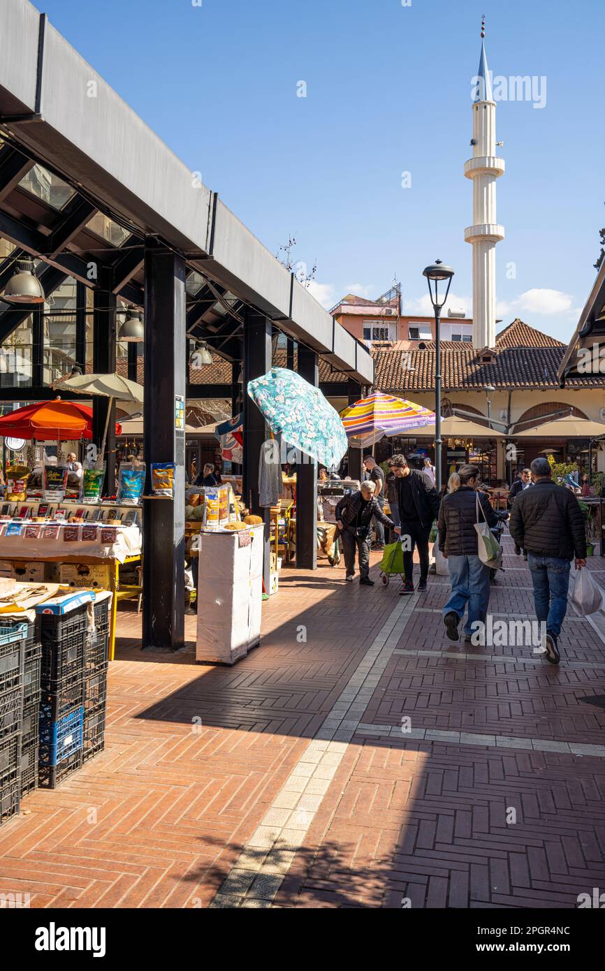 Tirana, Albania. March 2023. view of the stalls in the covered market ...