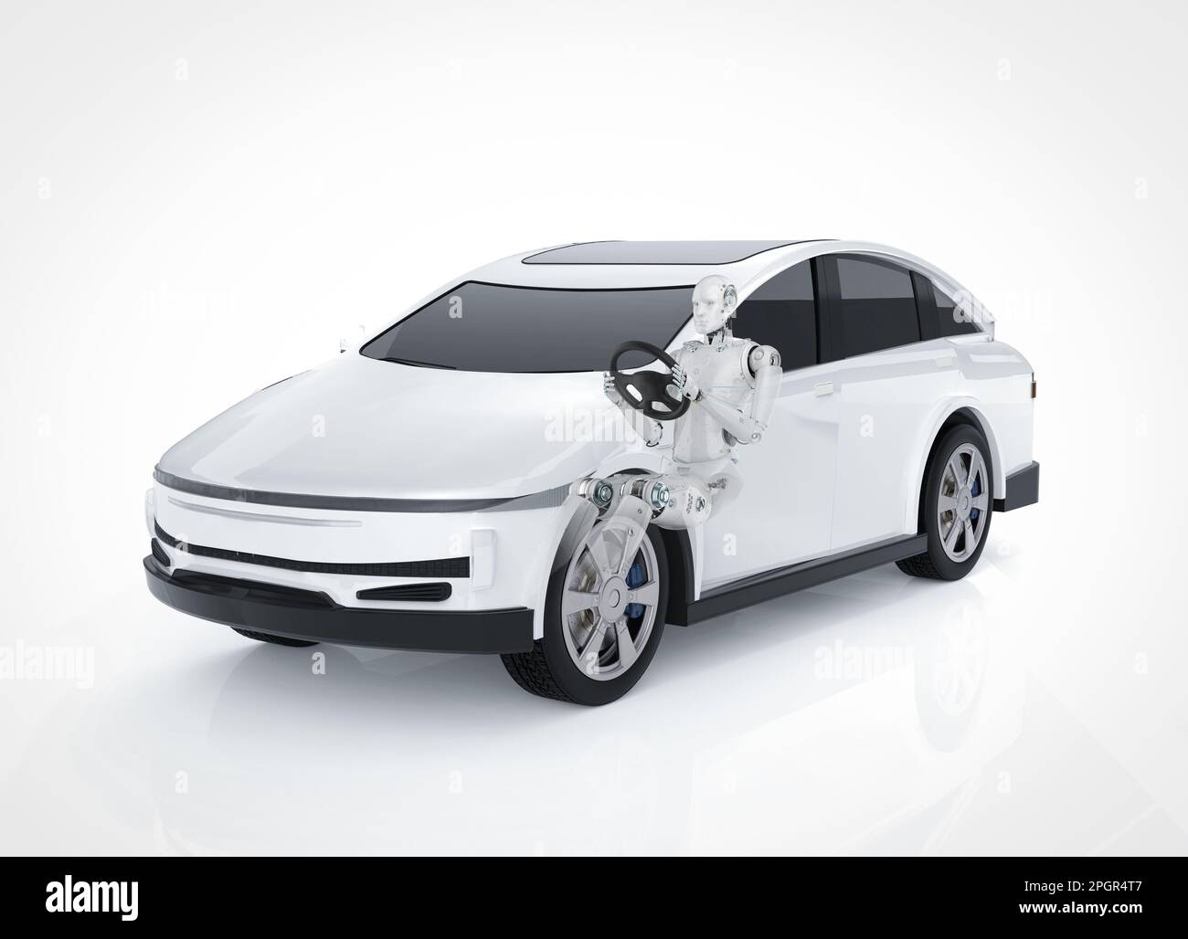 Driverless car or autonomous car with 3d rendering white ev car or ...