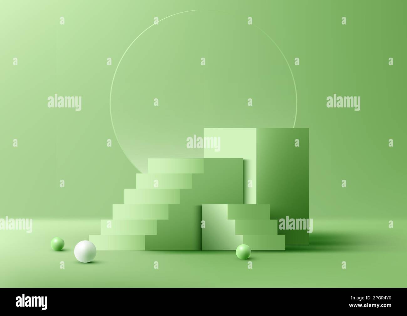 3D realistic studio room green cube podium stand with ladder steps goal ...