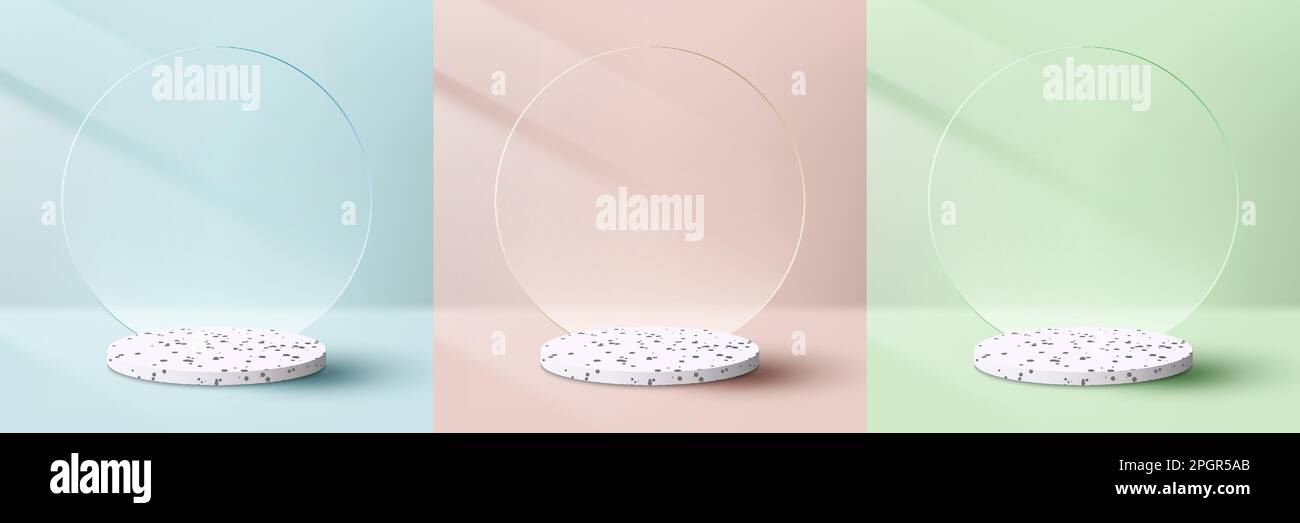 Set of white 3D cylinder podium pedestal spotted striped surface with ...