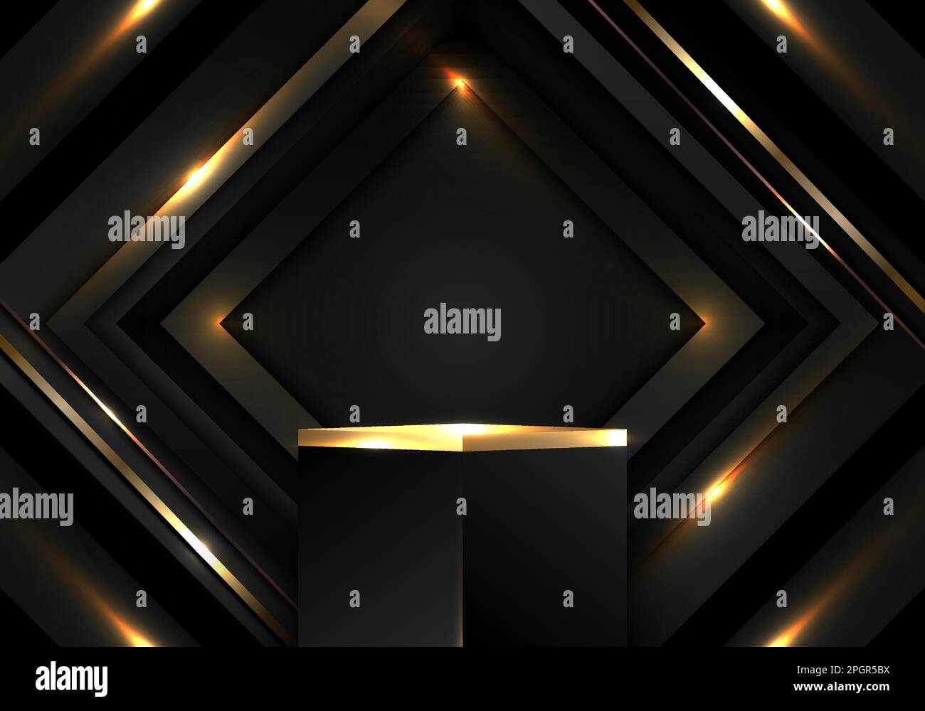 3D realistic modern luxury black and gold cube podium stand with ...