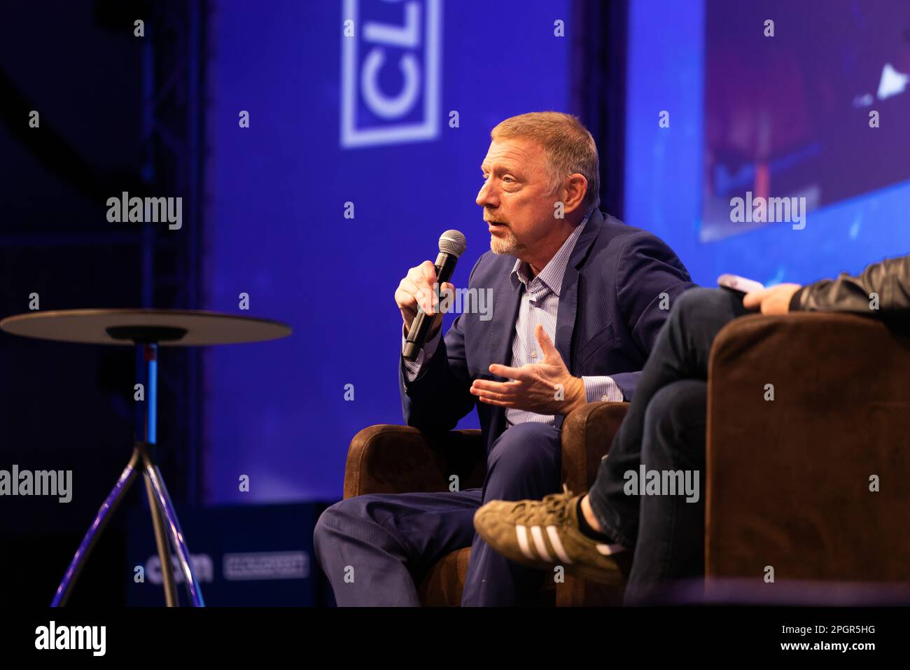 Rust, Germany. 23rd Mar, 2023. Boris Becker sits and speaks on stage at ...