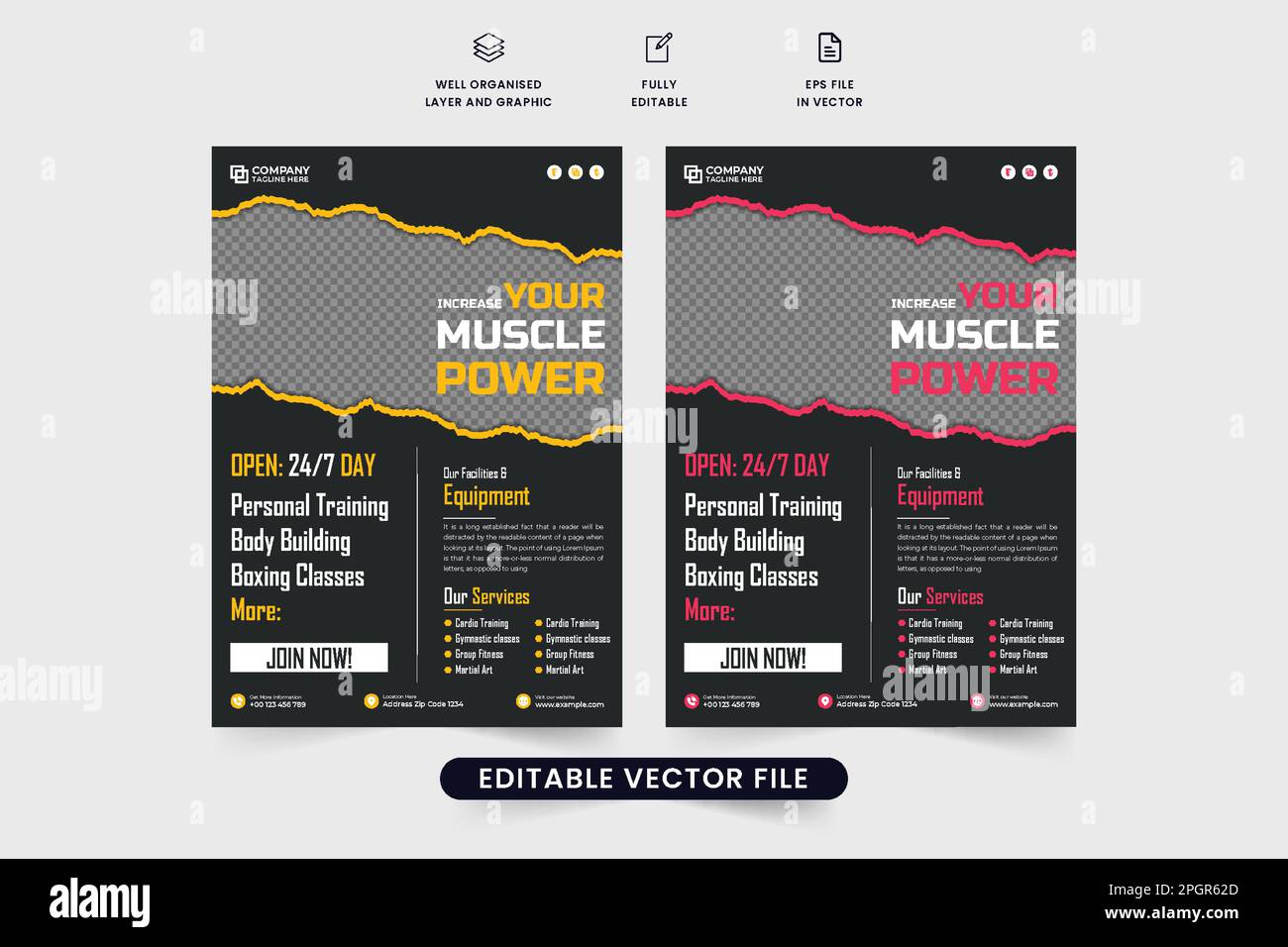 Gym business flyer template with yellow and red colors on dark ...