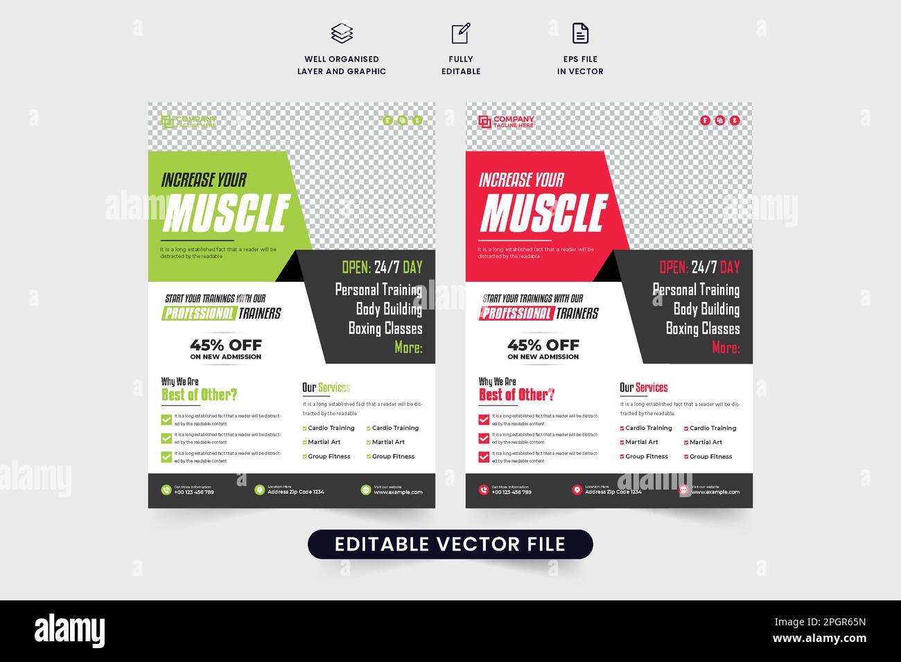 Gym admission and training center marketing flyer vector with green and ...