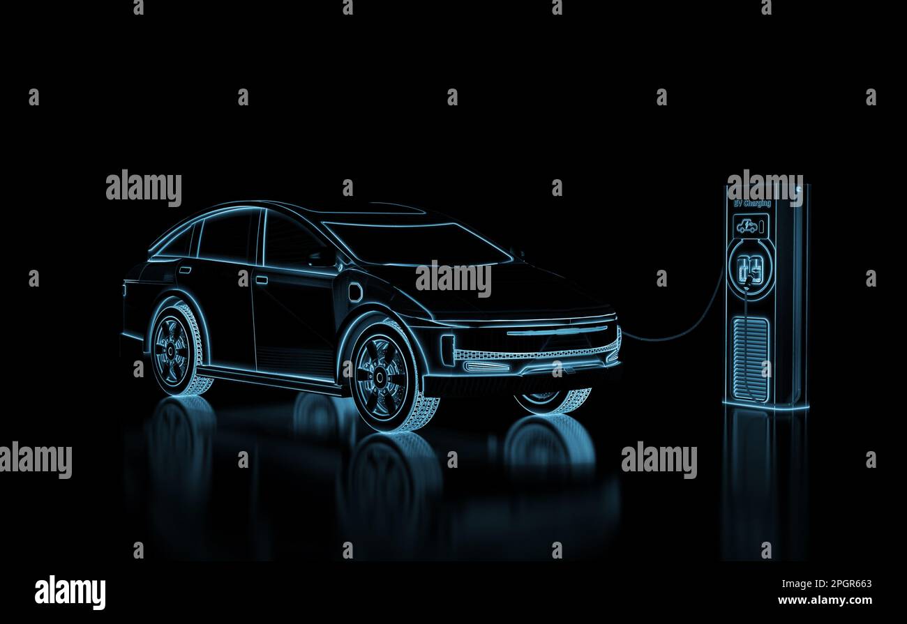3d rendering scan ev car or electric vehicle plug in with recharging ...