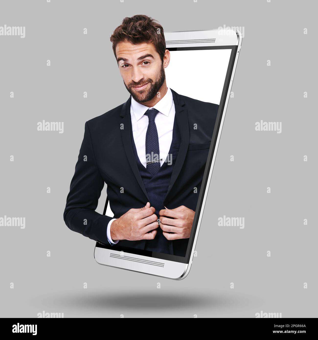 Businessman, phone and screen on mockup for fashion, advertising or ...